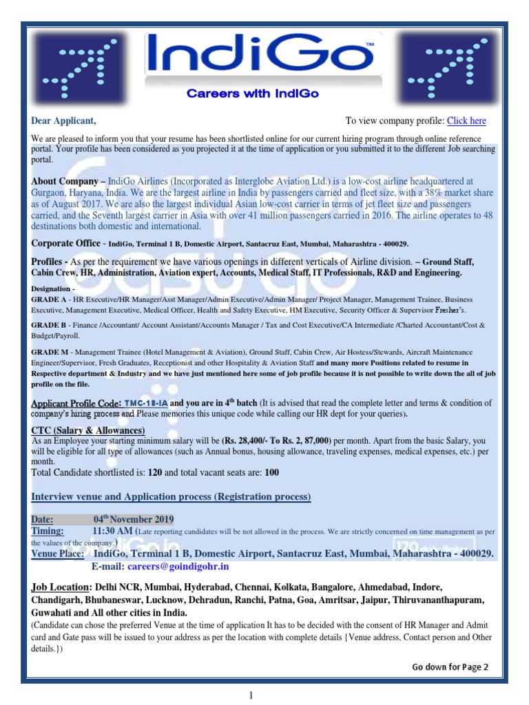 Indigo Airline - Information Letter For Interview PDF | PDF | Flight ...
