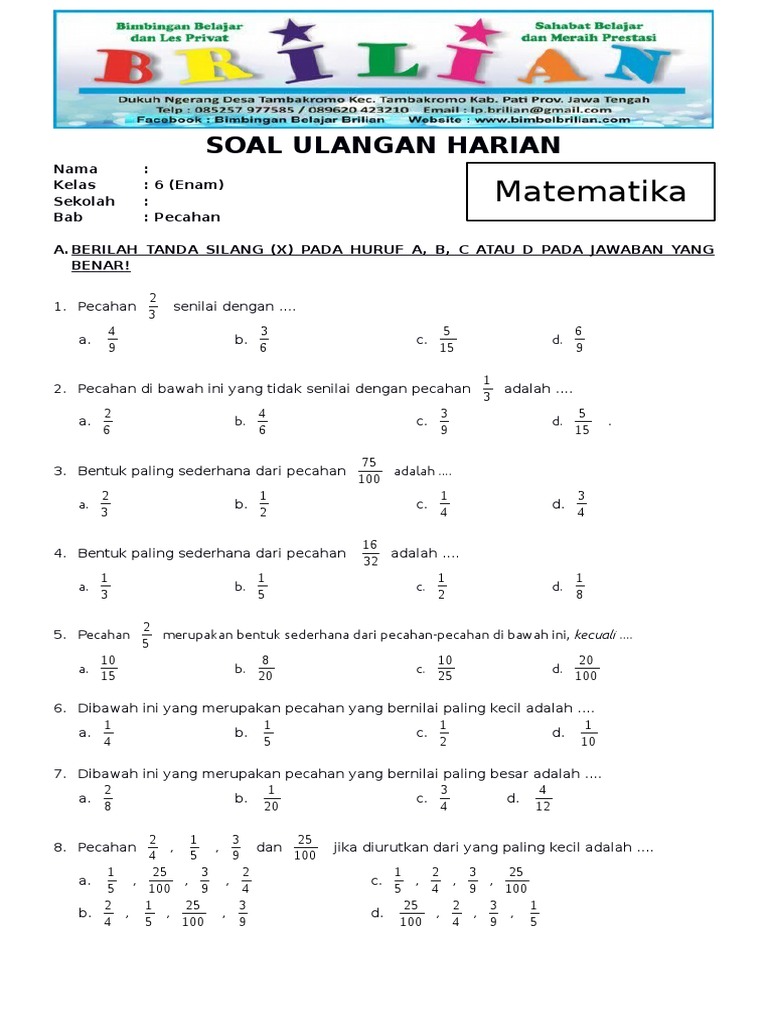 Soal Matematika Kelas 6 SD Bab 5 Pecahan Dan Kunci Jawaban PDF | PDF