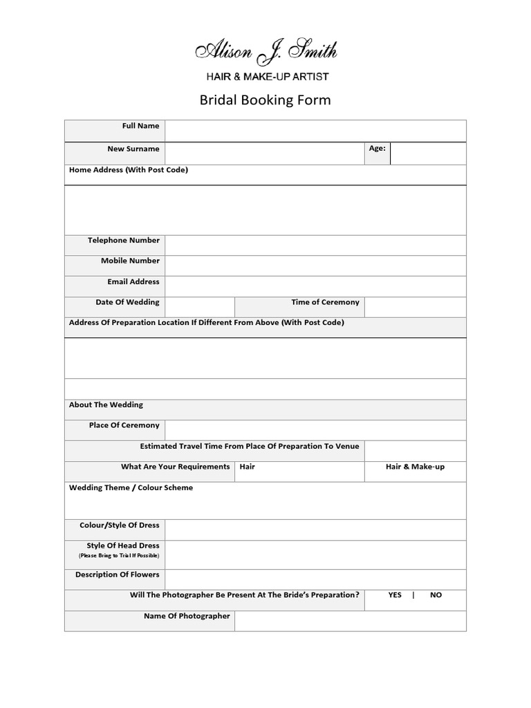 Bridal Booking Form | PDF | Bride | Cheque