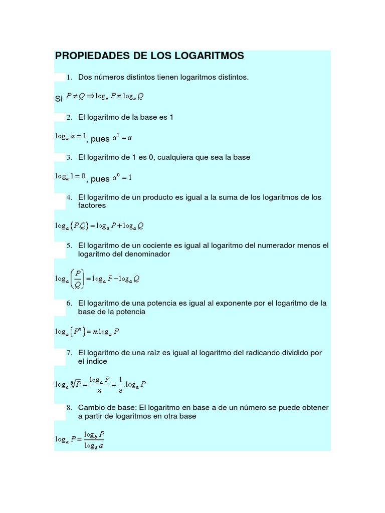 Propiedades de Los Logaritmos | Descargar gratis PDF | Logaritmo | Exponenciación