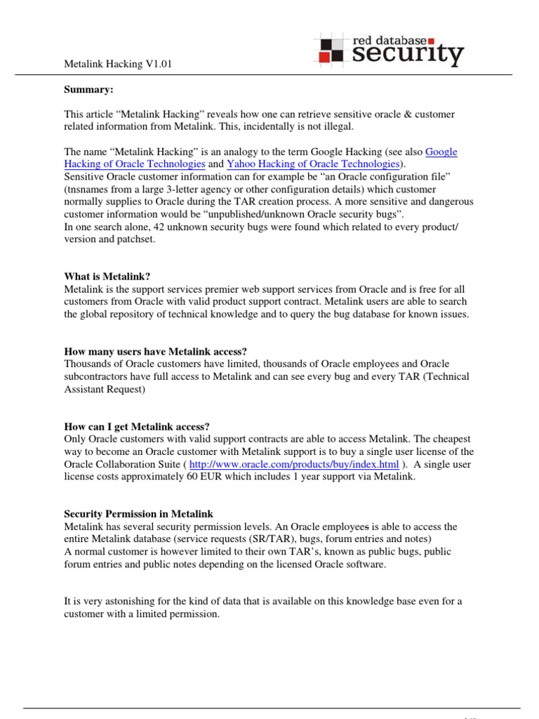 Oracle Metalink Hacking Us | PDF | Oracle Database | Computer Security