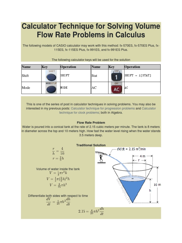 Calculator Technique For Solving Volume Flow Rate Problems in Calculus ...