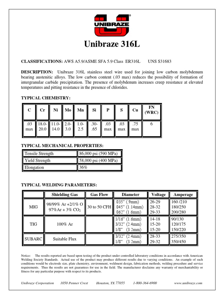Unibraze ER316L PDF | Download Free PDF | Stainless Steel | Welding