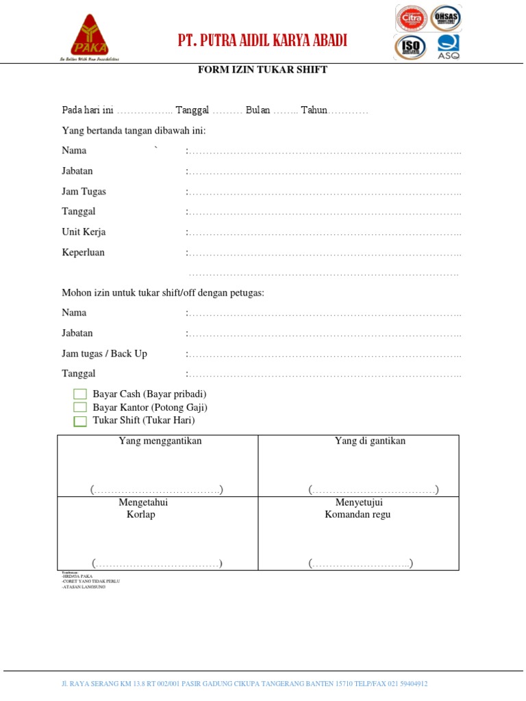 Form Izin Tukar Shift | PDF