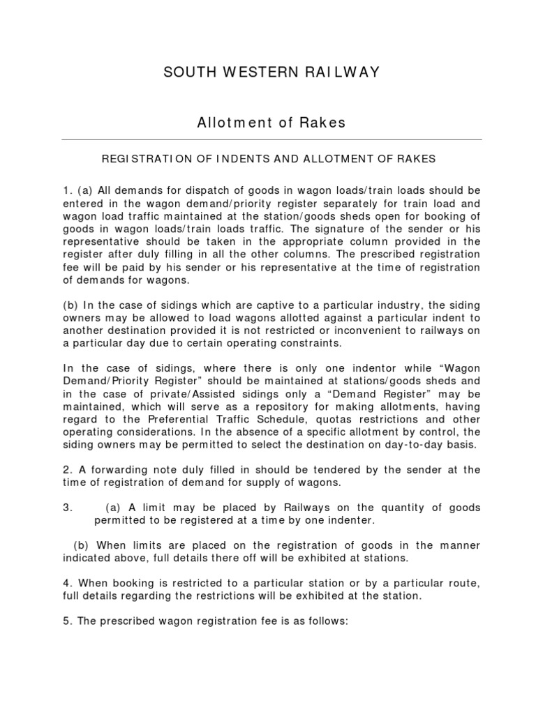 Rake Allotment and Registration Fees | PDF | Fee | Train