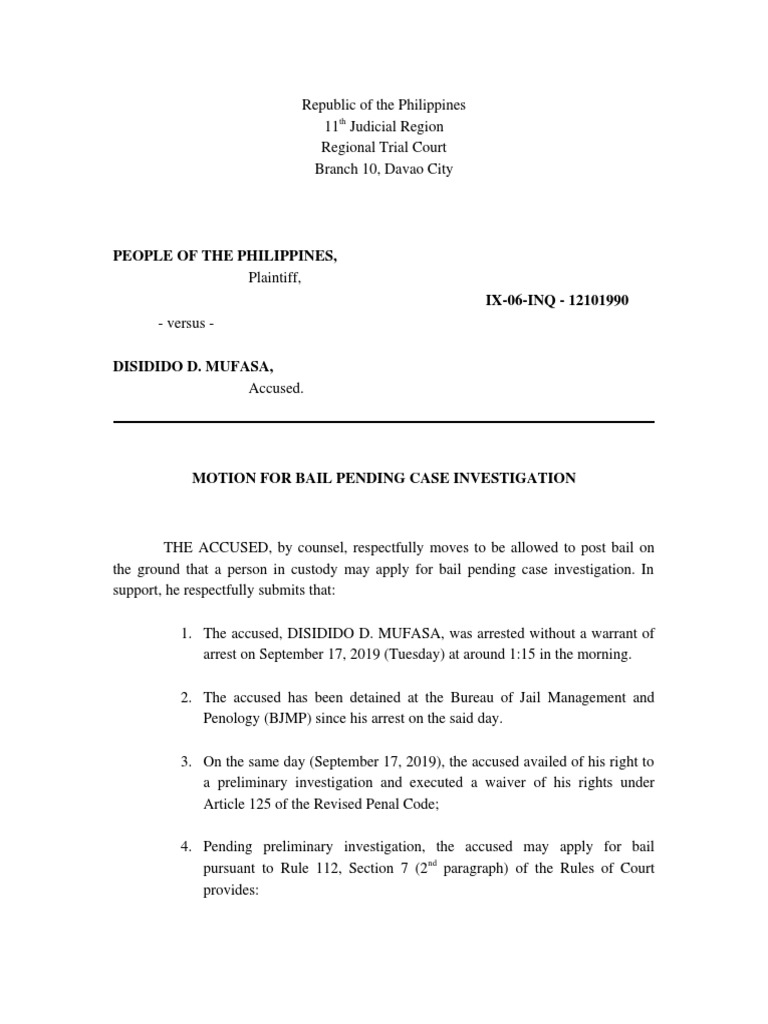 Motion for Bail Pending Investigation | PDF | Bail | Arrest