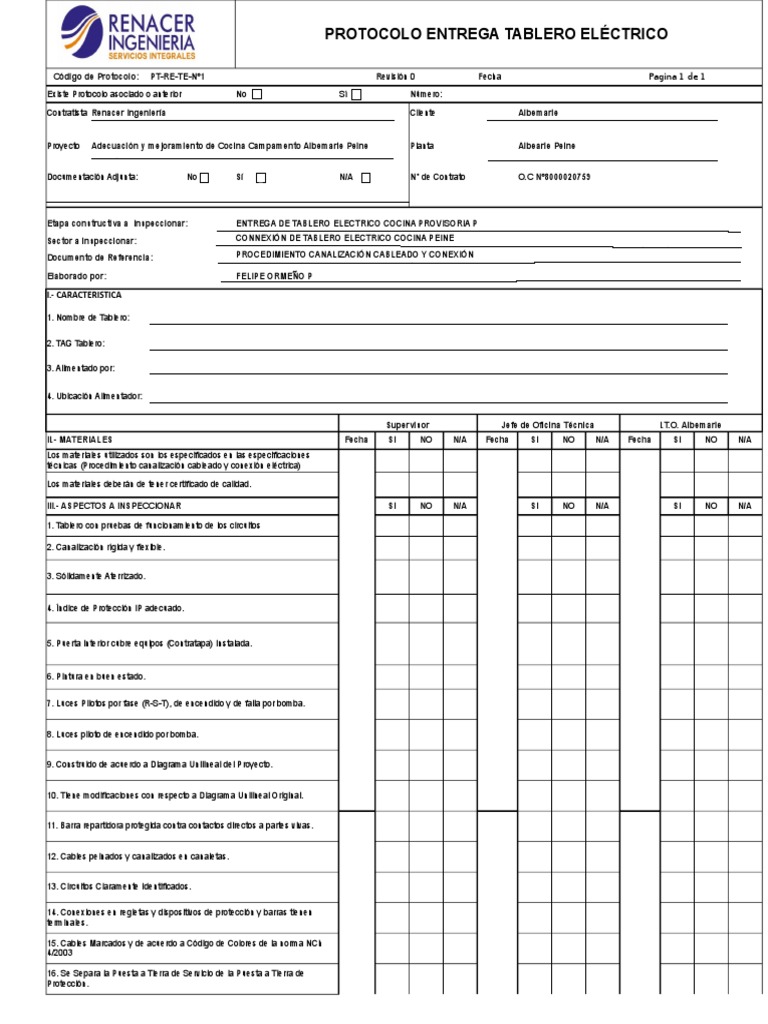 Protocolo Entrega Tablero Eléctrico PT-RE-TE-Nº1 | PDF
