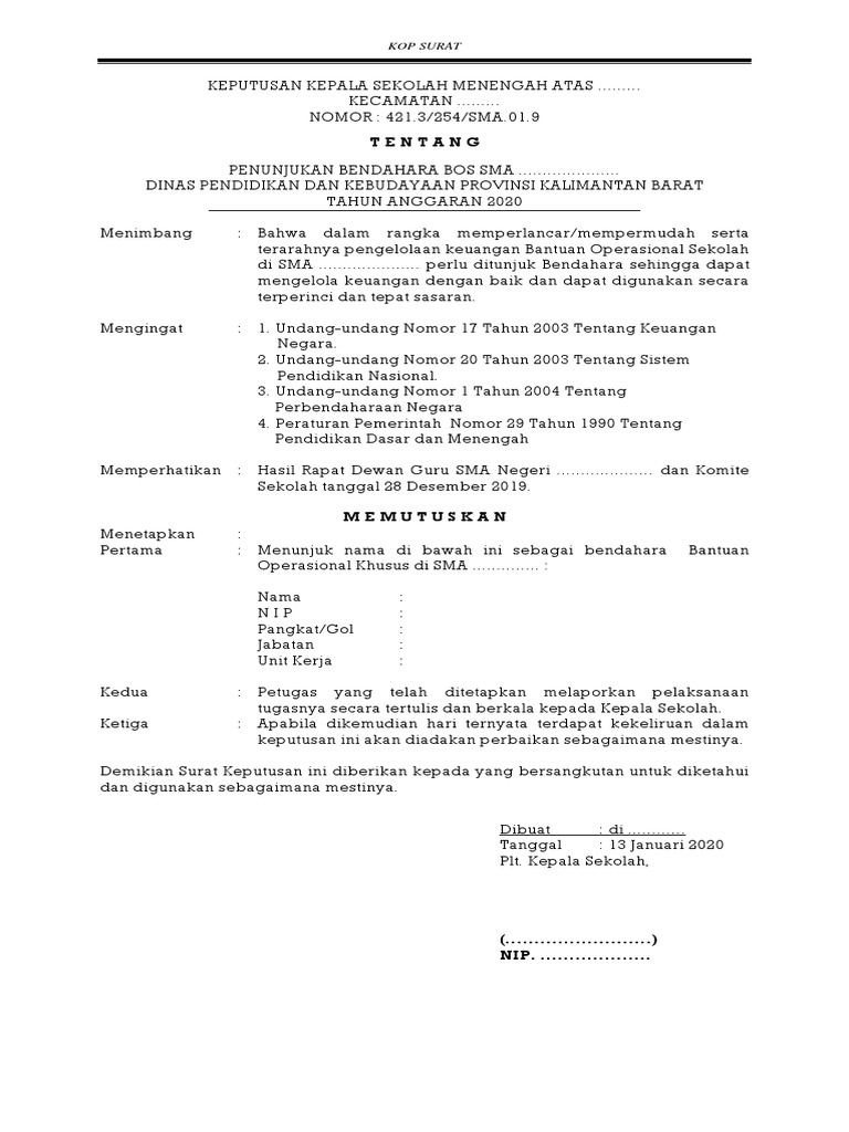 Contoh Surat Penunjukan Bendahara Bos | PDF Contoh Surat Penunjukan Bendahara Bos | PDF