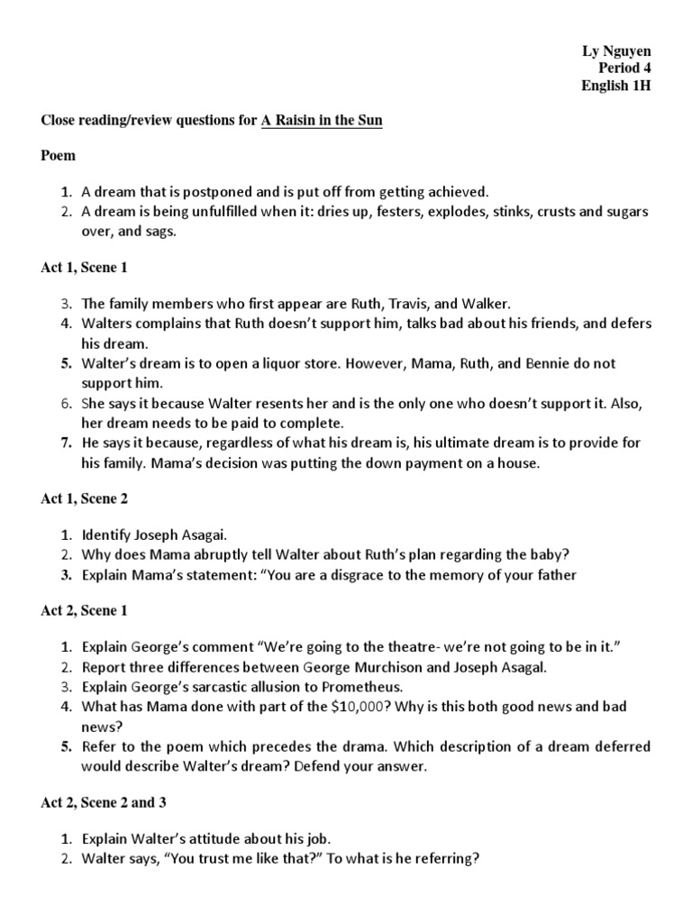 A Raisin in the Sun Study Questions | PDF | Mystery, Thriller & Crime ...