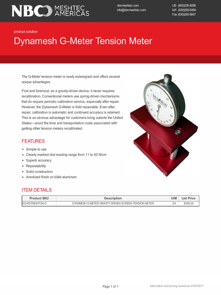 Dynamesh Tension Meter Product Sheet | PDF