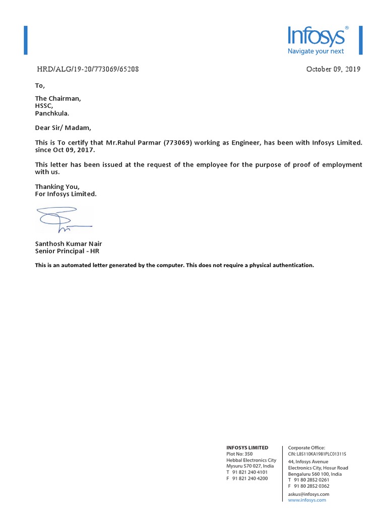 Infosys Experience and Relieving Letters | PDF