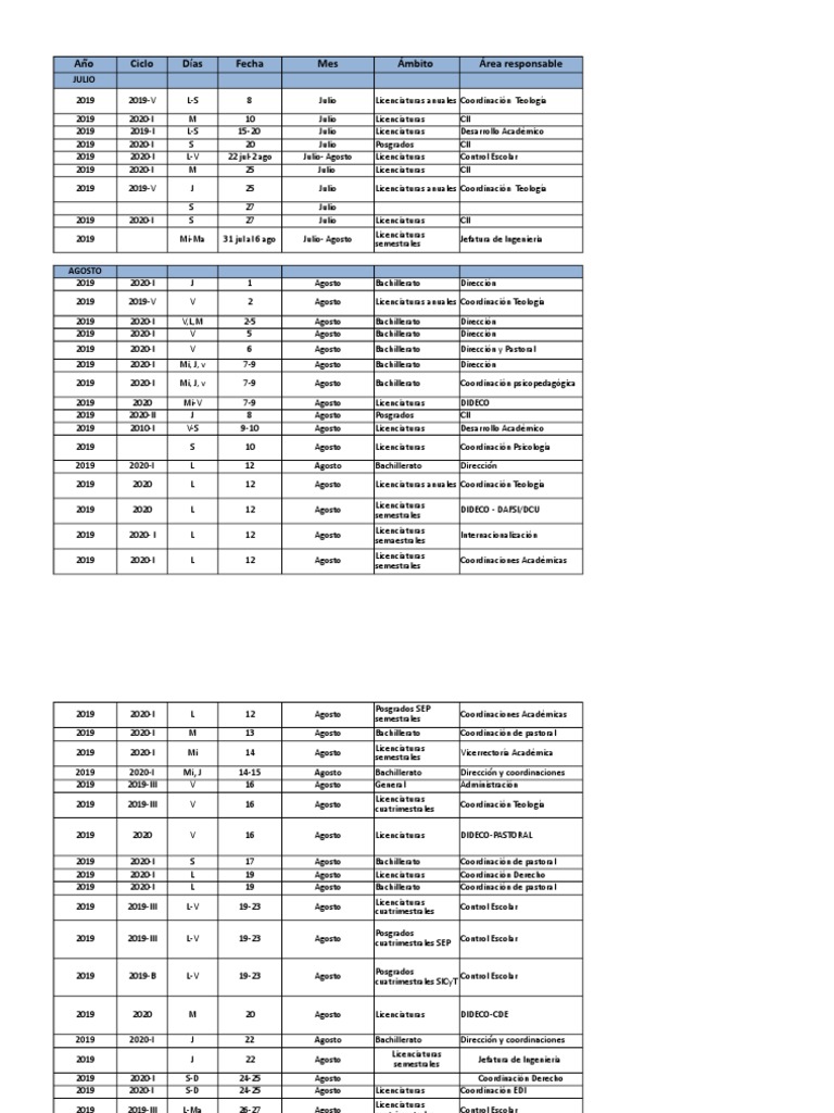 Calendario académico de actividades para el segundo semestre de 2019 y ...