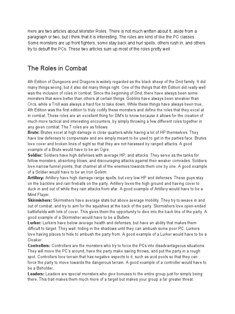 Monster Roles | PDF | Artillery | Dungeons & Dragons