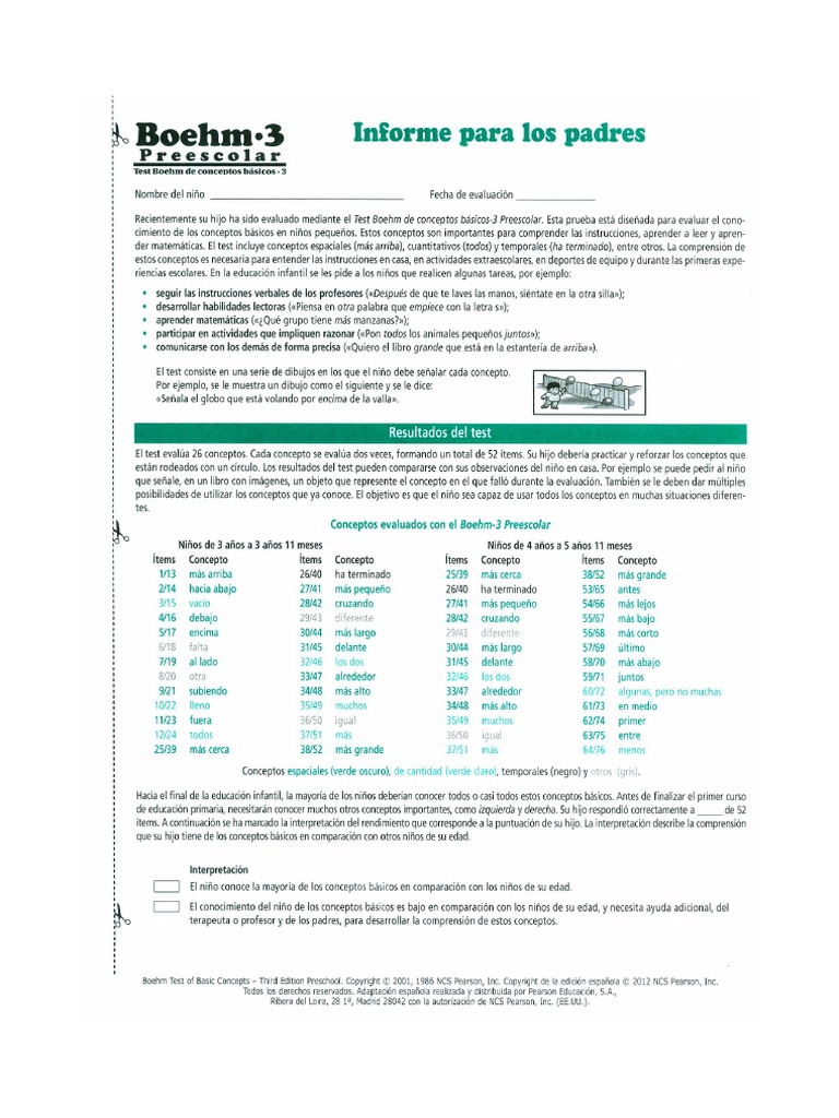 Informe para Los Padres Test (BOEHM-3) (Preescolar) | PDF