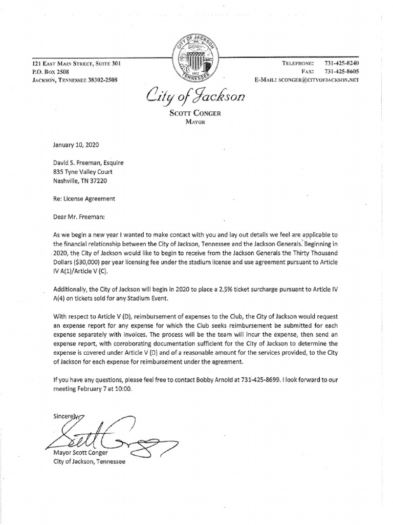 Jackson Mayor Scott Conger's Letter To Generals Owner David Freeman | PDF
