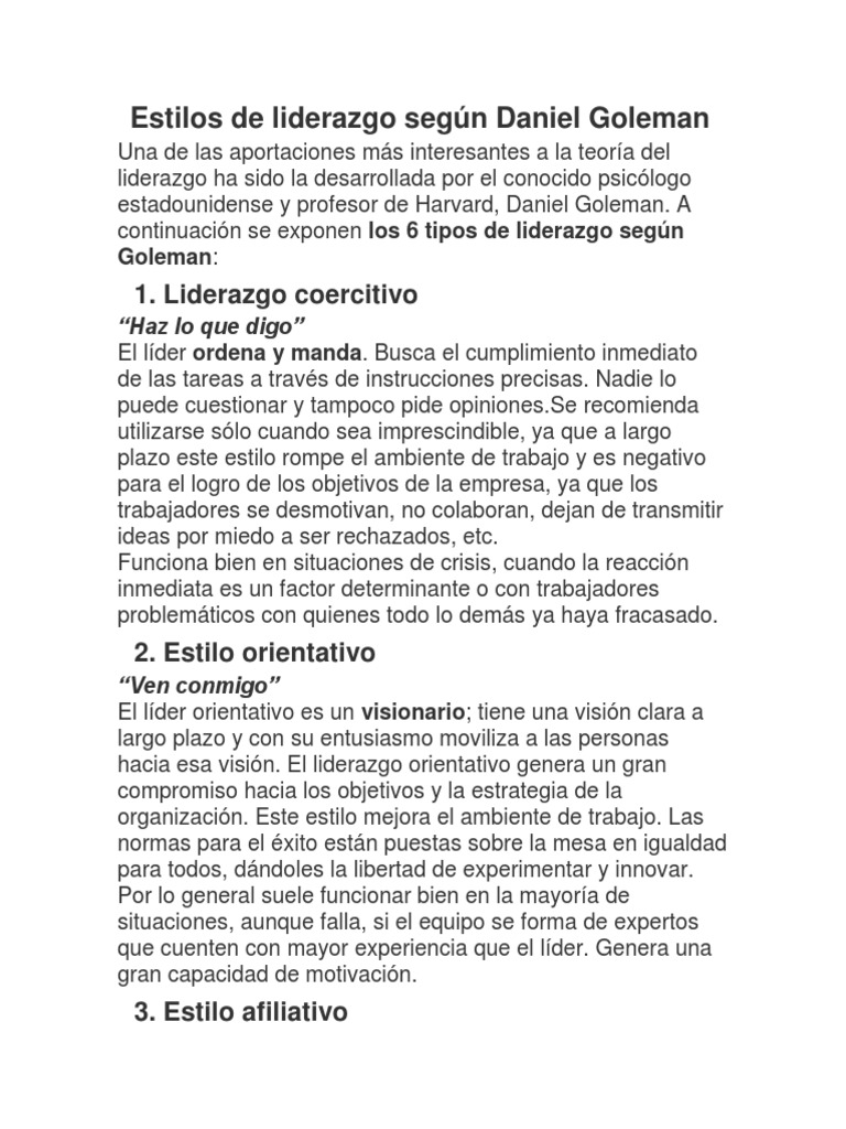 Estilos de Liderazgo Según Daniel Goleman | PDF | Liderazgo | Toma de decisiones