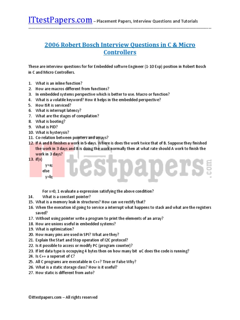 935 Robert Bosch Interview Questions in C A Micro Controllers PDF | PDF ...