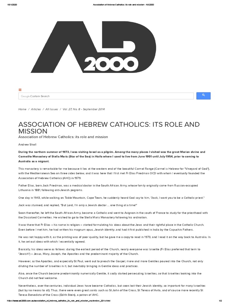 Association of Hebrew Catholics - Its Role and Mission - Andrew Sholl ...
