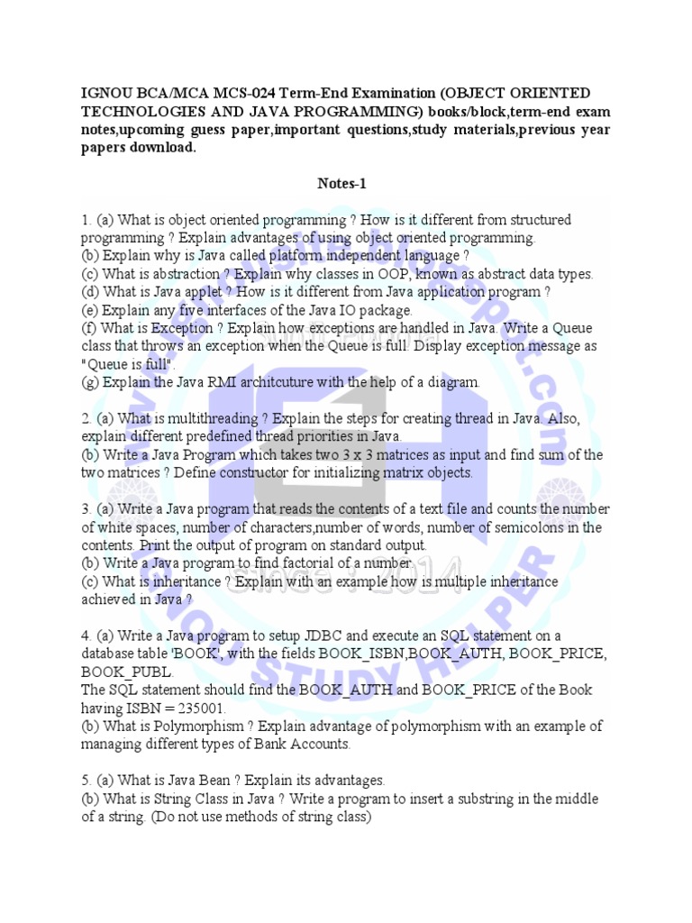 Mcs 024 Notes Pdf Java Programming Language Class Computer Programming