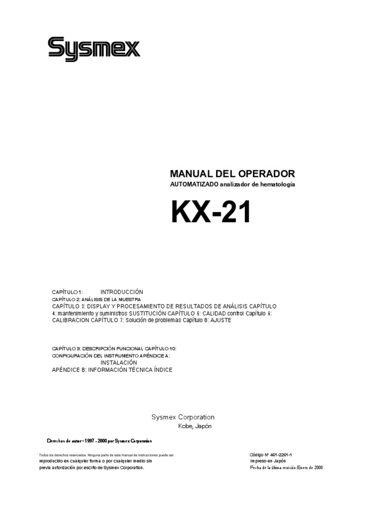Sysmex KX-21 Hematology Analyzer ESPAÑOL PDF | PDF | Descarga ...