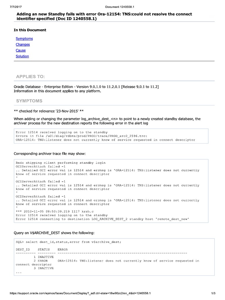 Adding An New Standby Fails With Error Ora-12154 Doc ID1240558.1 PDF | PDF