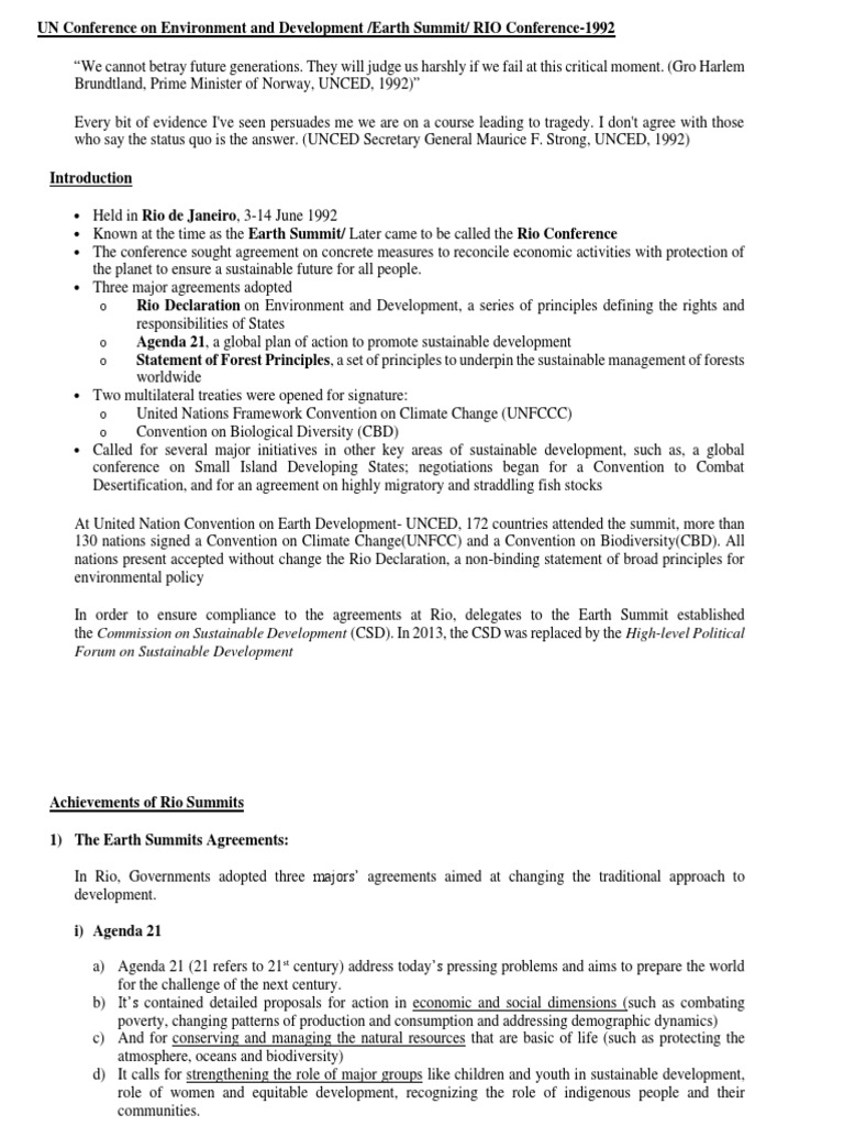 RIO Summit 1992 | PDF | United Nations Framework Convention On Climate ...