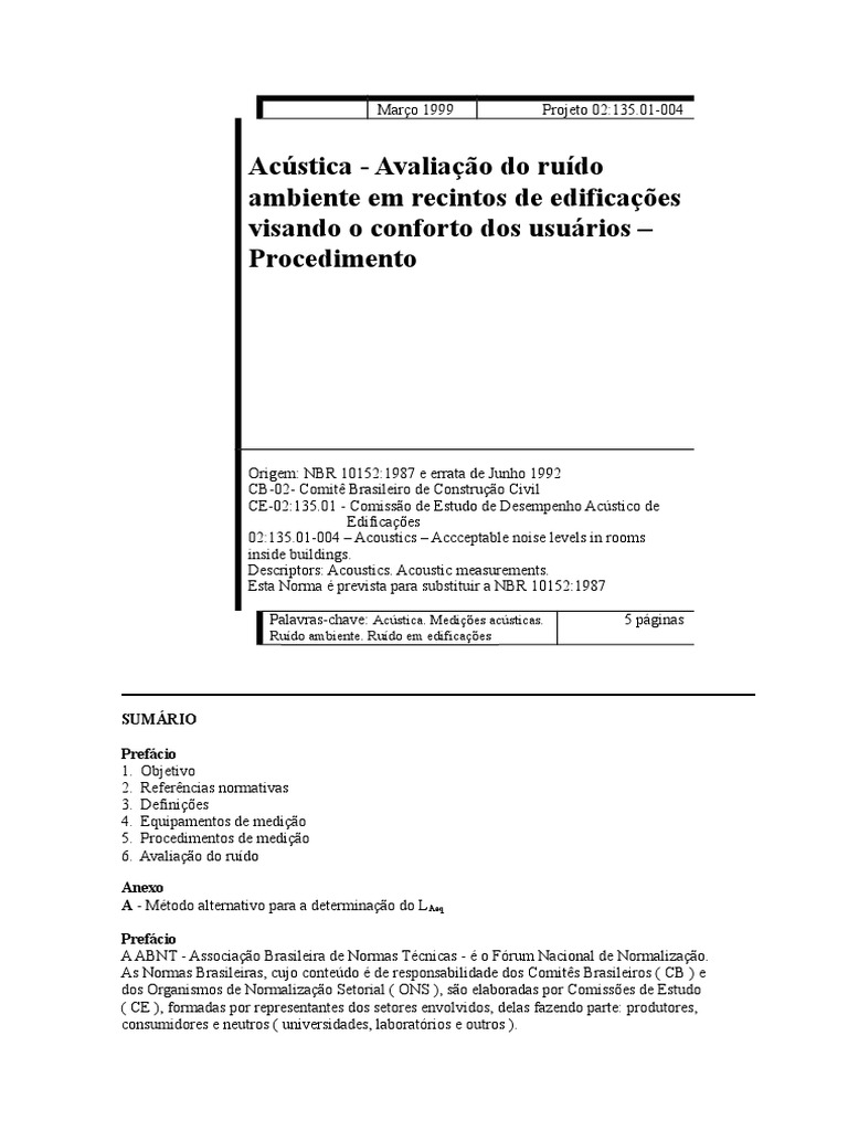 NBR 10152/187 e Errata 1992 | Download grátis PDF | Barulho | Metrologia