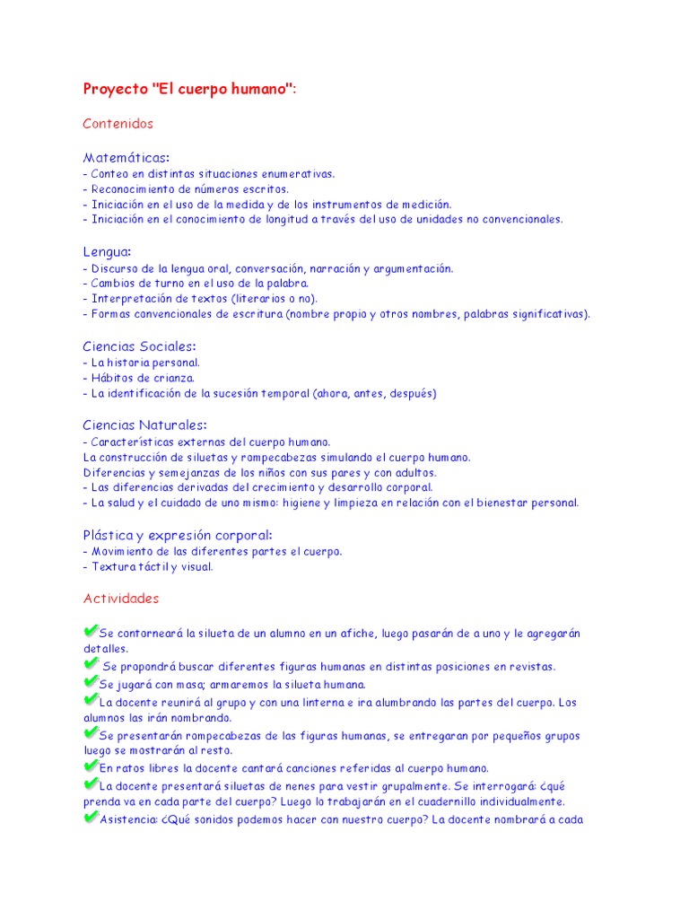 Proyecto El Cuerpo Humano | PDF | Educación de la primera infancia