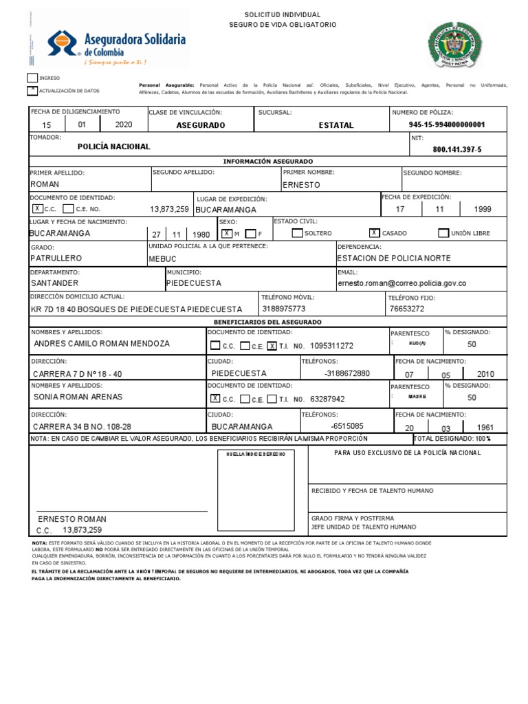 Solicitud Seguro de Vida Policía Nacional | PDF | Póliza de seguros ...