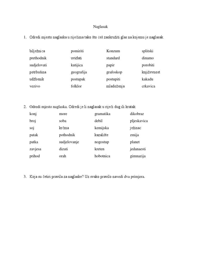 Fonologija (Naglasci) Vježba | PDF