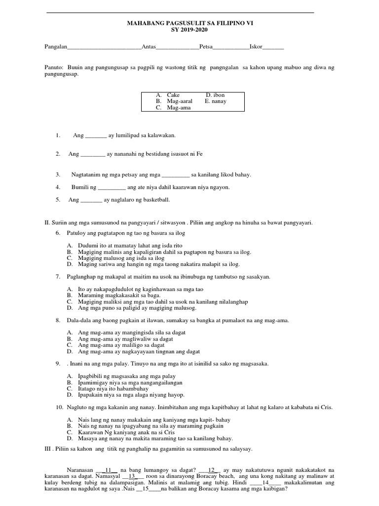 Periodical Test Filipino 6 1ST Grading | PDF