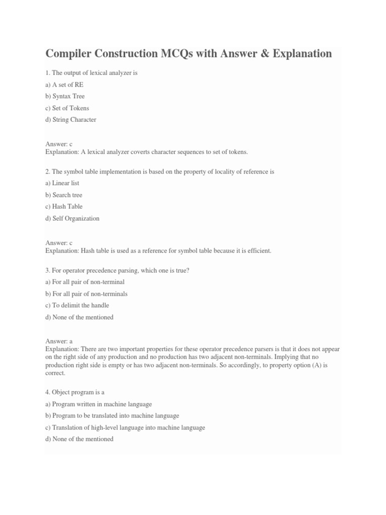 CC MCQs | Download Free PDF | Parsing | Compiler