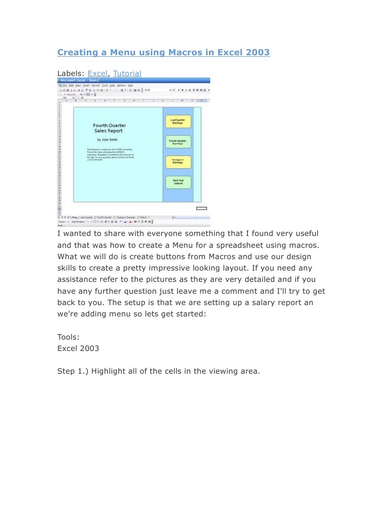 Creating A Menu Using Macros in Excel 2003 | PDF