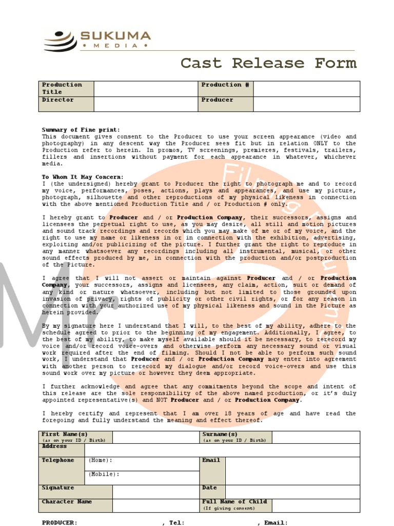 Cast Release Form | Download Free PDF | Social Institutions | Social ...