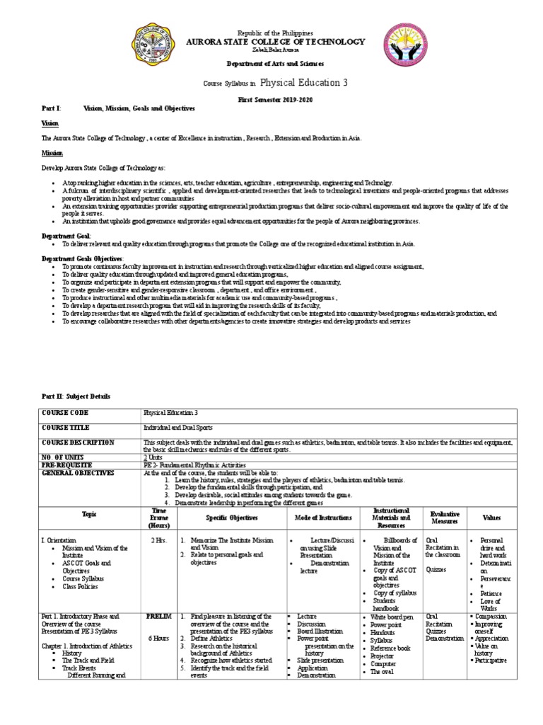 Pe3 Syllabus | PDF | Track And Field | Physical Education