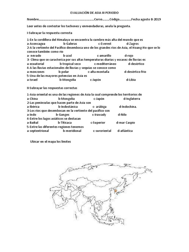 Evaluación de Geografía de Asia | PDF