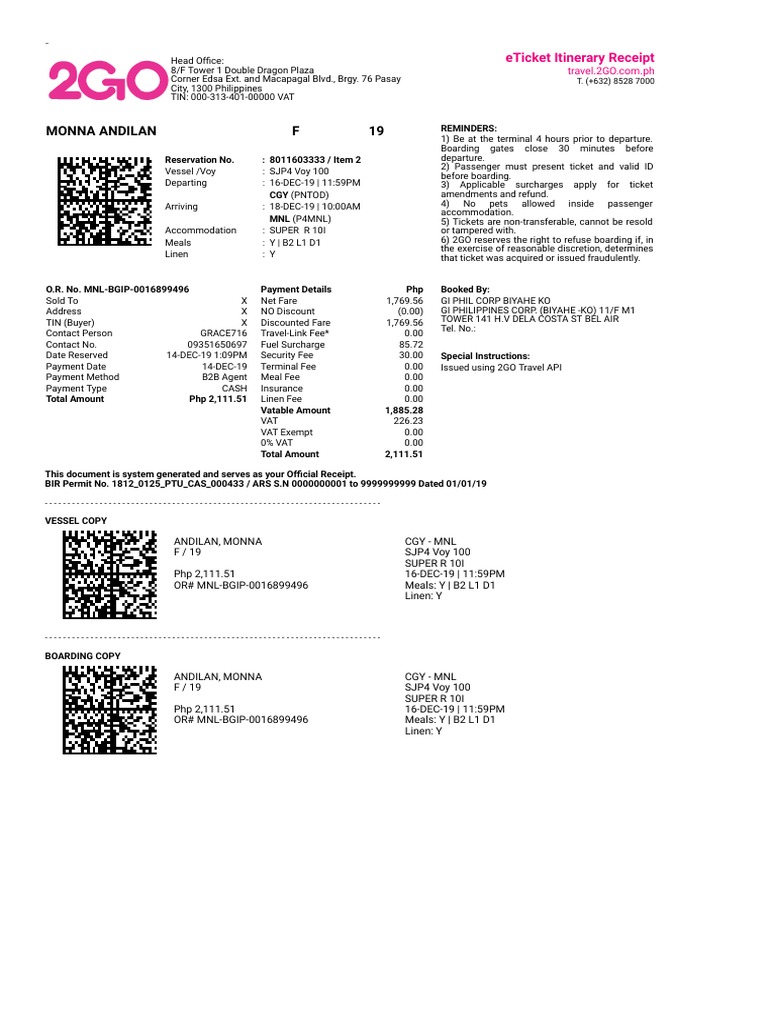 2GO Travel - Itinerary Receipt | PDF | Identity Document | Ticket ...