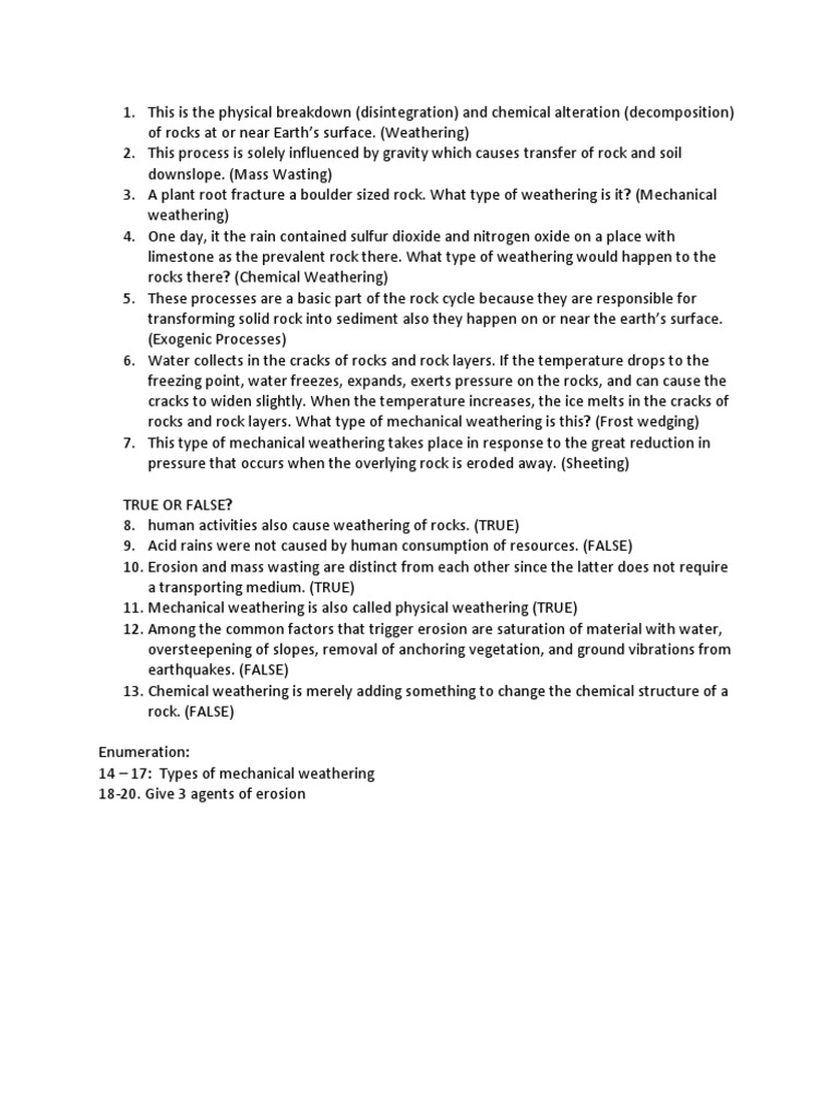 Weathering and Erosion Quiz Guide | PDF | Social Science | Science ...