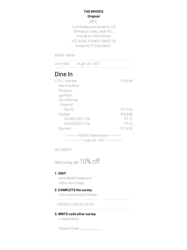 KFC Tax Invoice and Receipt Guide | PDF