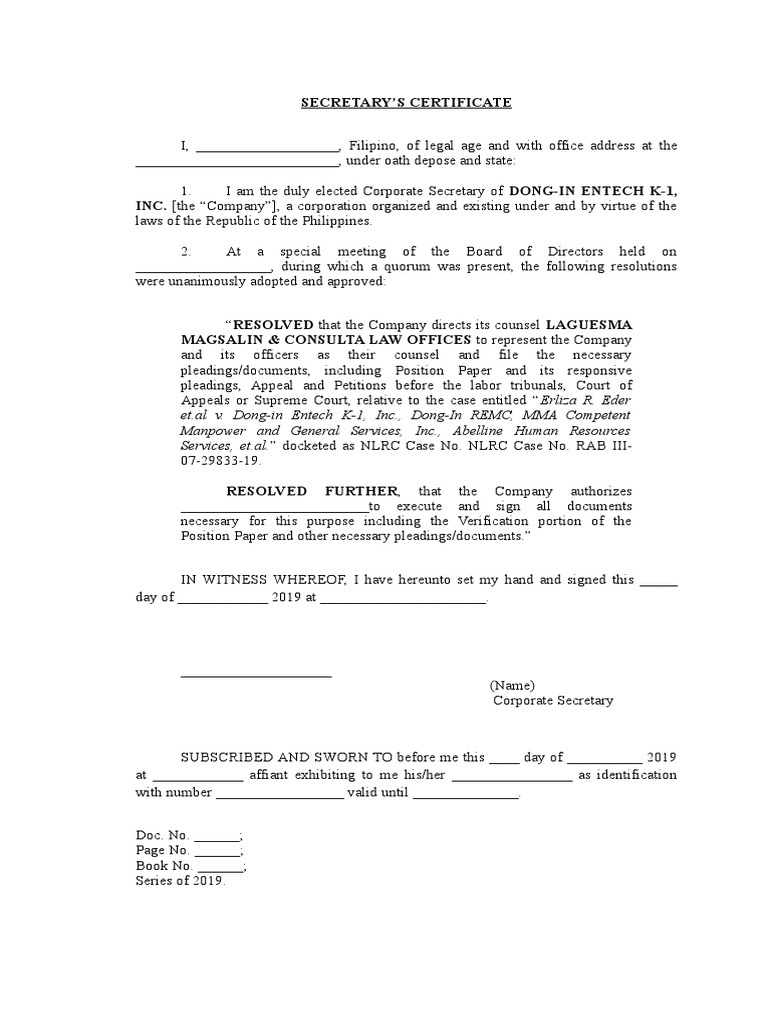 Sample - Secretary's Certificate | PDF
