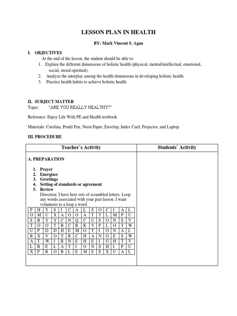 Lesson Plan in Health | PDF | Alternative Medicine | Mental Health