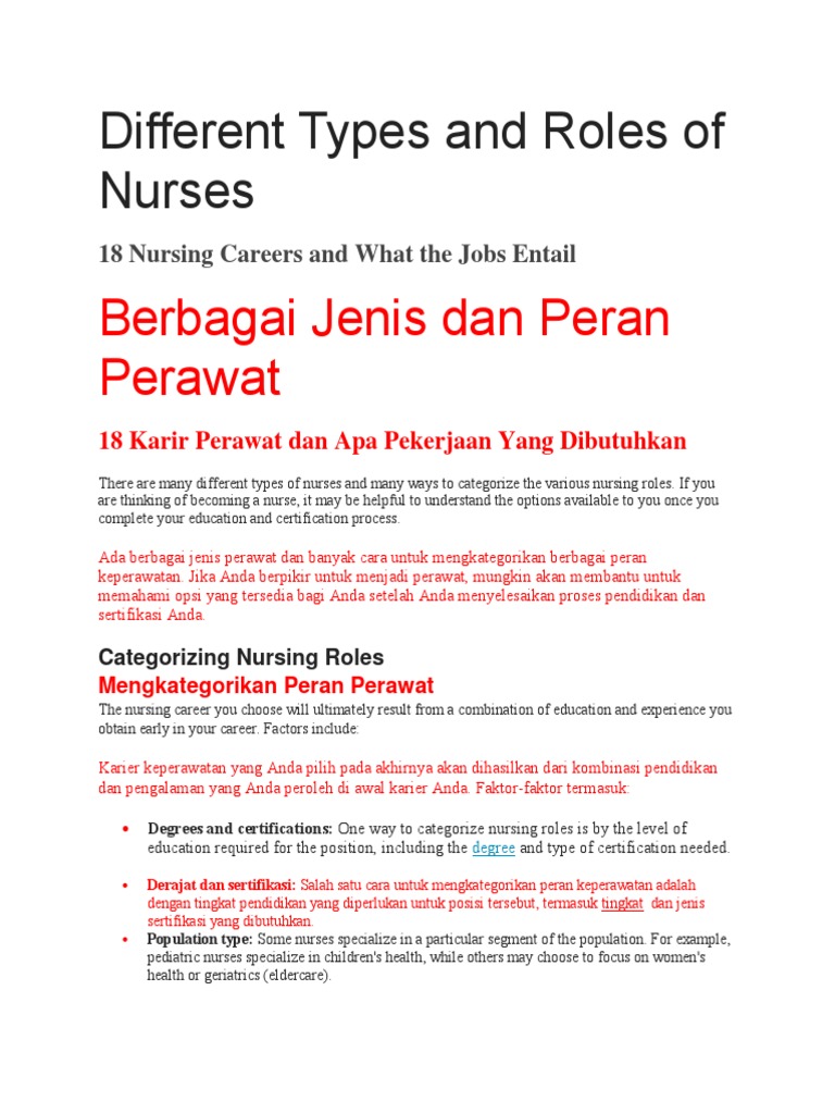 Different Types and Roles of Nurses | PDF