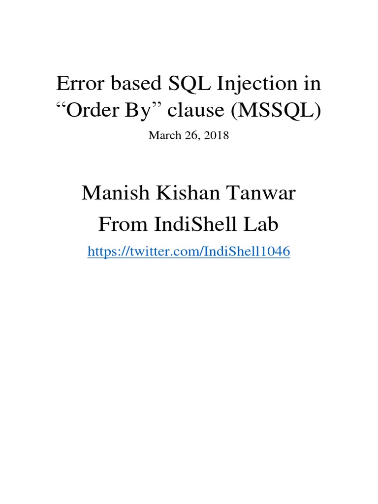 Error Based SQL Injection in Order by Clause (MSSQL) PDF | PDF ...
