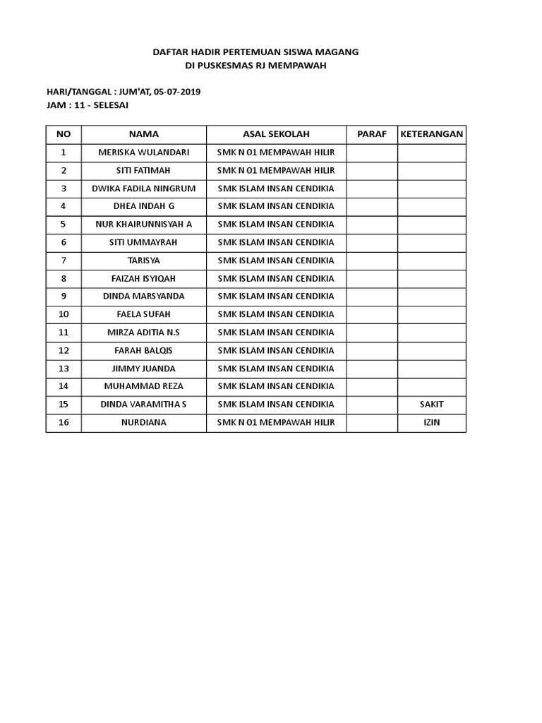 Daftar Hadir Siswa Magang | PDF