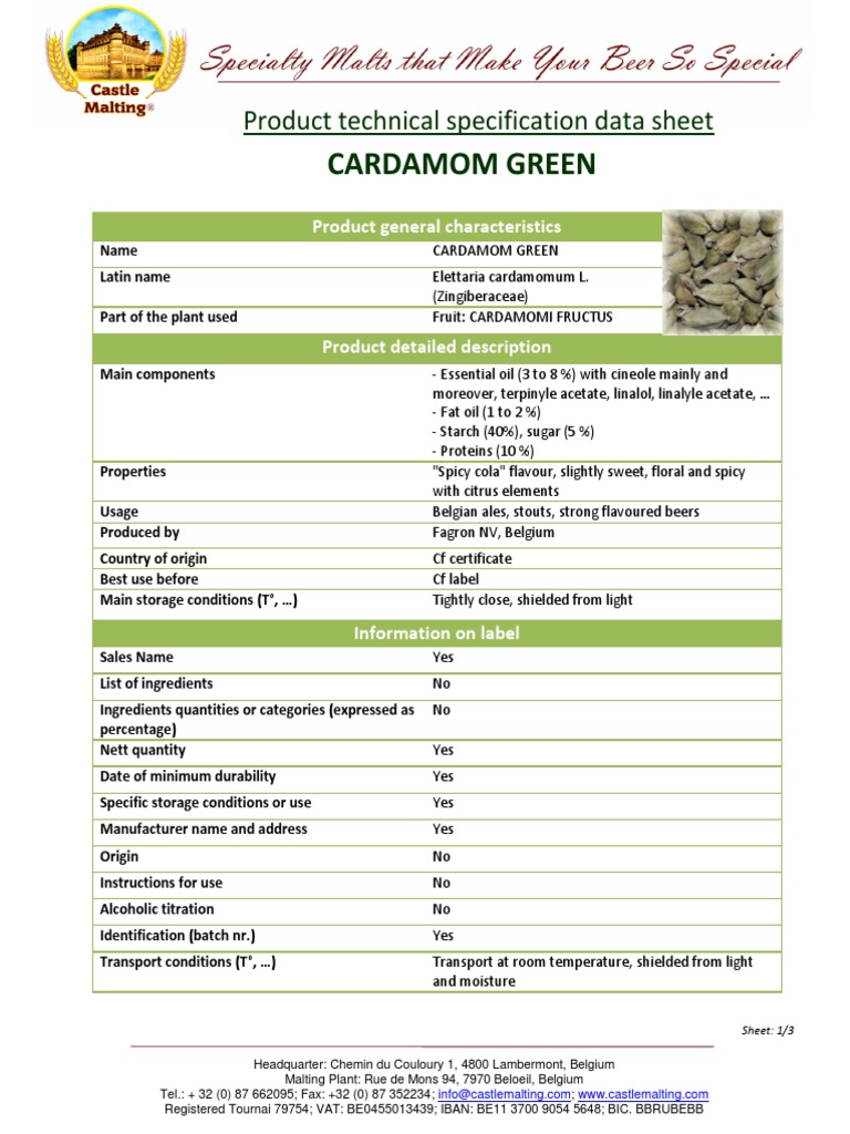 CARDAMOM GREEN Technical Specification | PDF | Beer | Foods