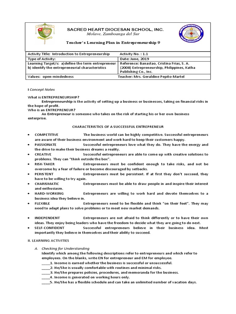 ENTREP For Grade 9 | PDF | Entrepreneurship | Psychological Concepts