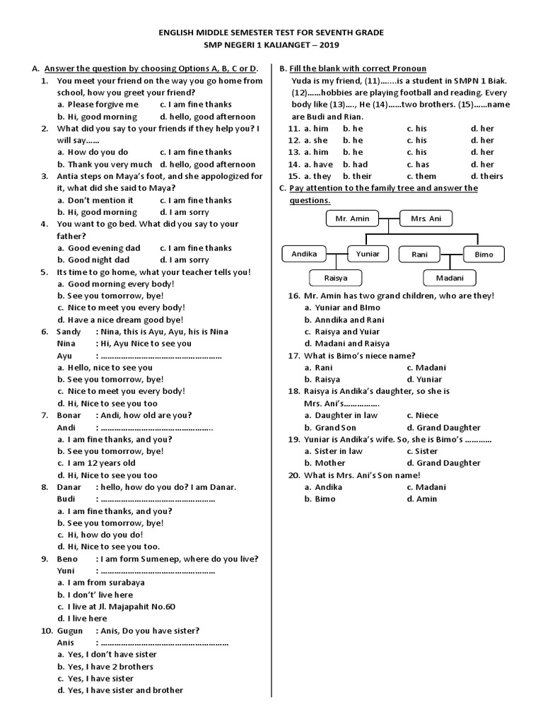 English Middle Semester Test For Seventh Grade | PDF