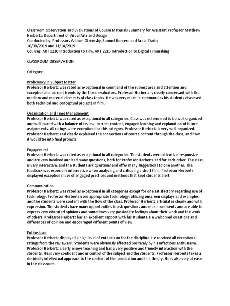 Classroom Observation and Evaluation of Course Materials For Assistant ...