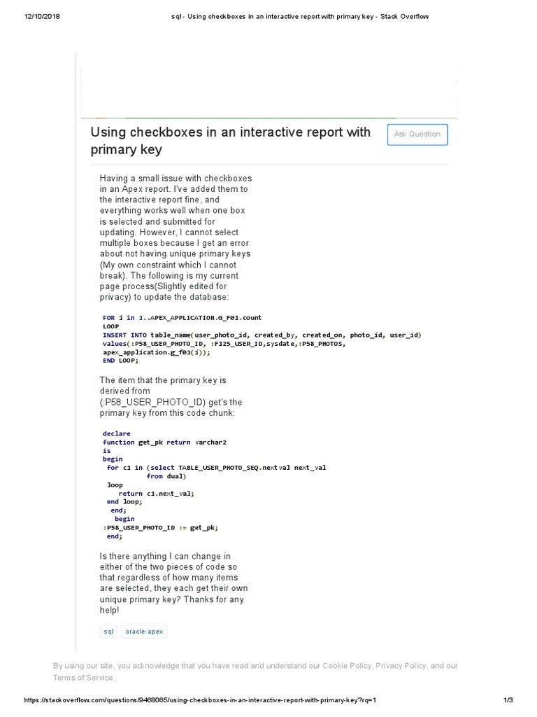 Sql Using Checkboxes In An Interactive Report With Primary Key Stack Overflow Pdf