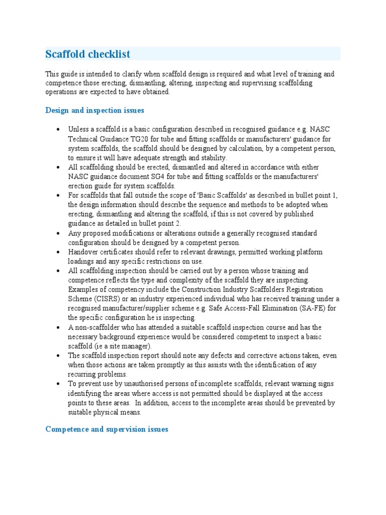 HSE Scaffold Checklist | PDF | Scaffolding